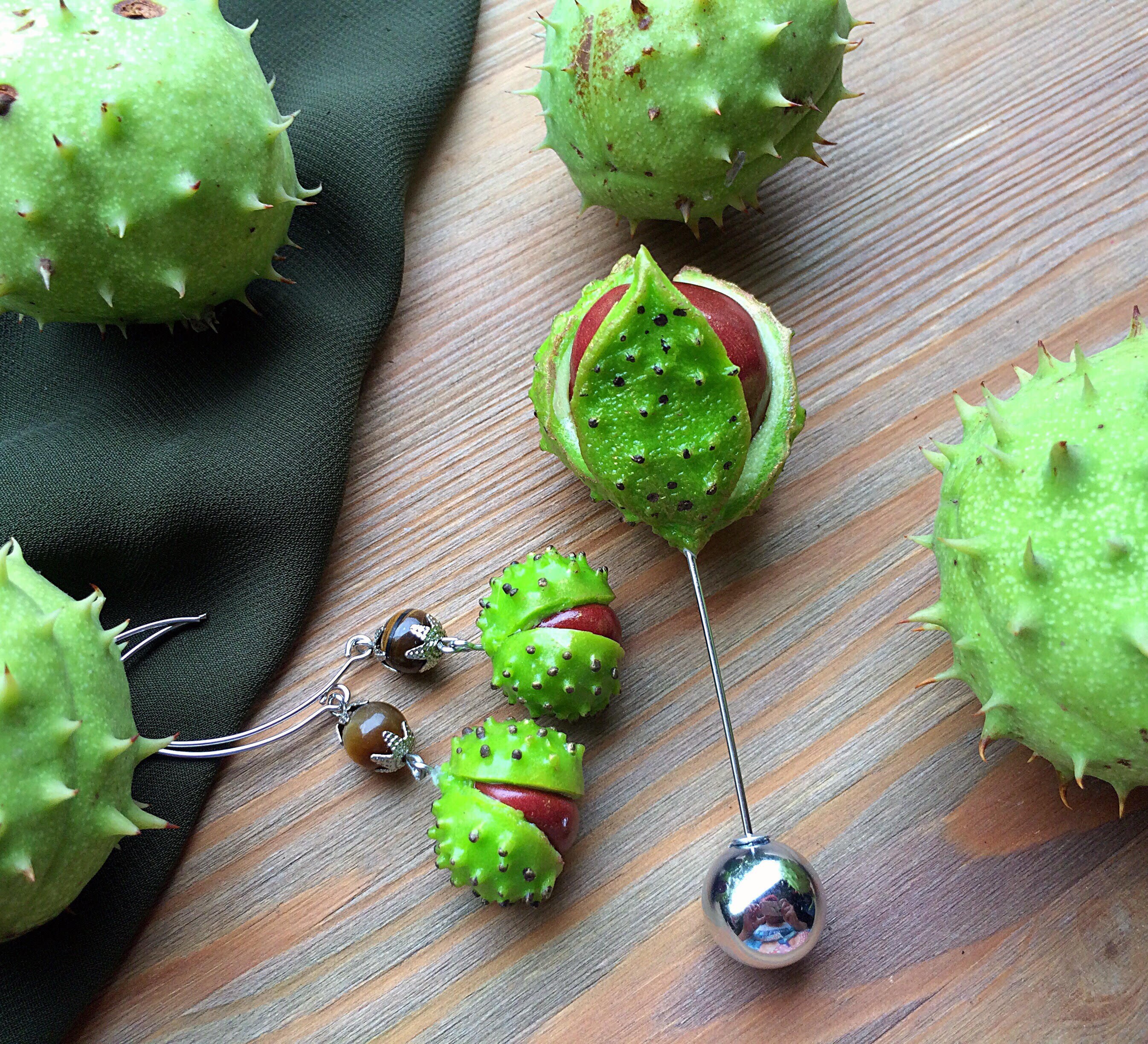 Conker Buckeye Chestnut brooch Pin Closure & Earrings Fall | Etsy