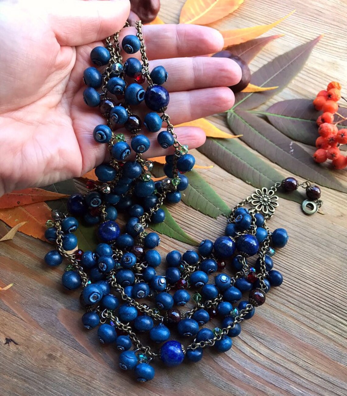 Blueberry necklace with garnet & lapis lazuli Statement Royal | Etsy