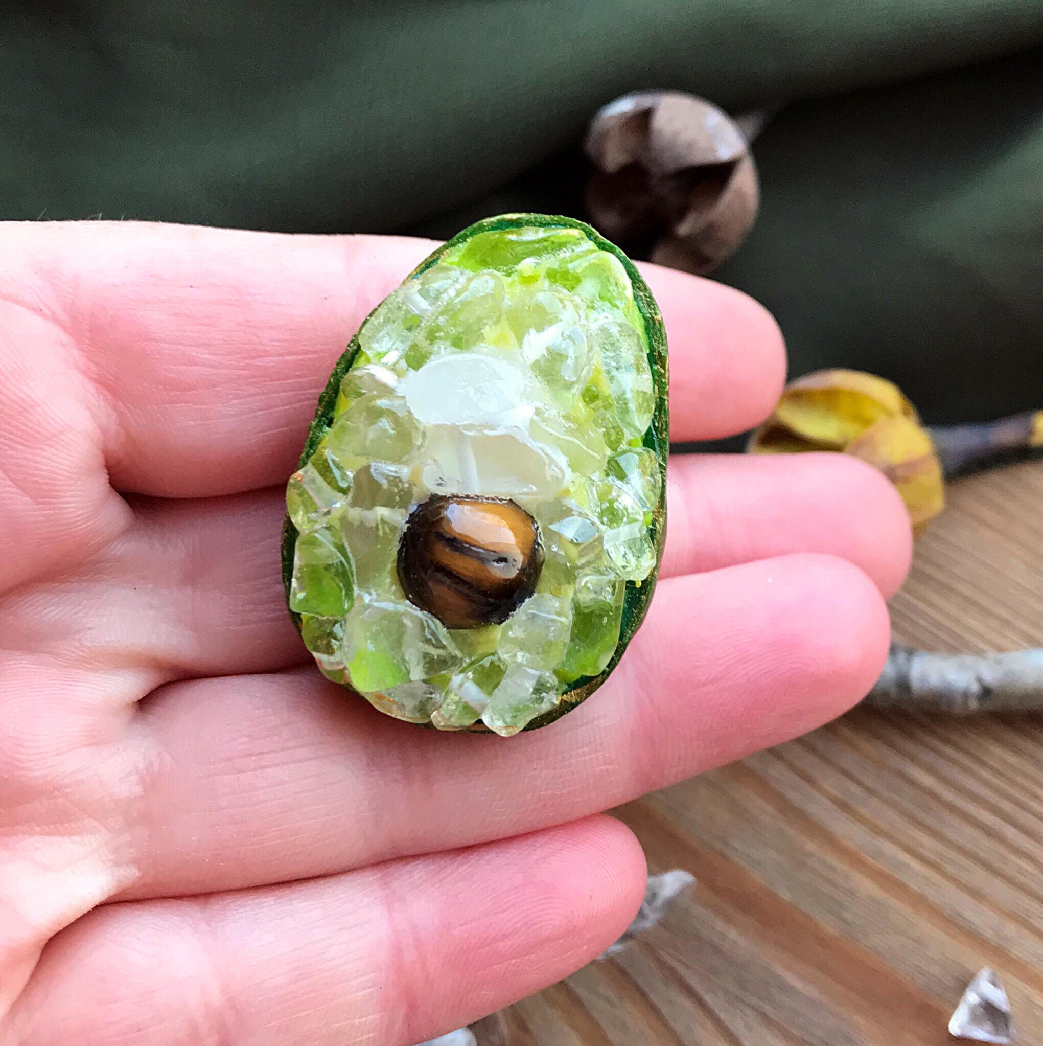 Avocado ring with Rhinestone & tiger eye Crystal Cocktail ring | Etsy