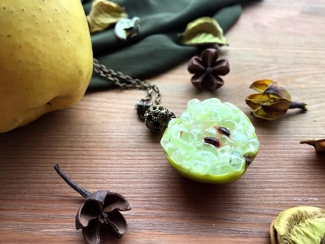 Green Apple Pendant Necklace: Rock Crystal, Rhinestone, Vegan Jewelry ...