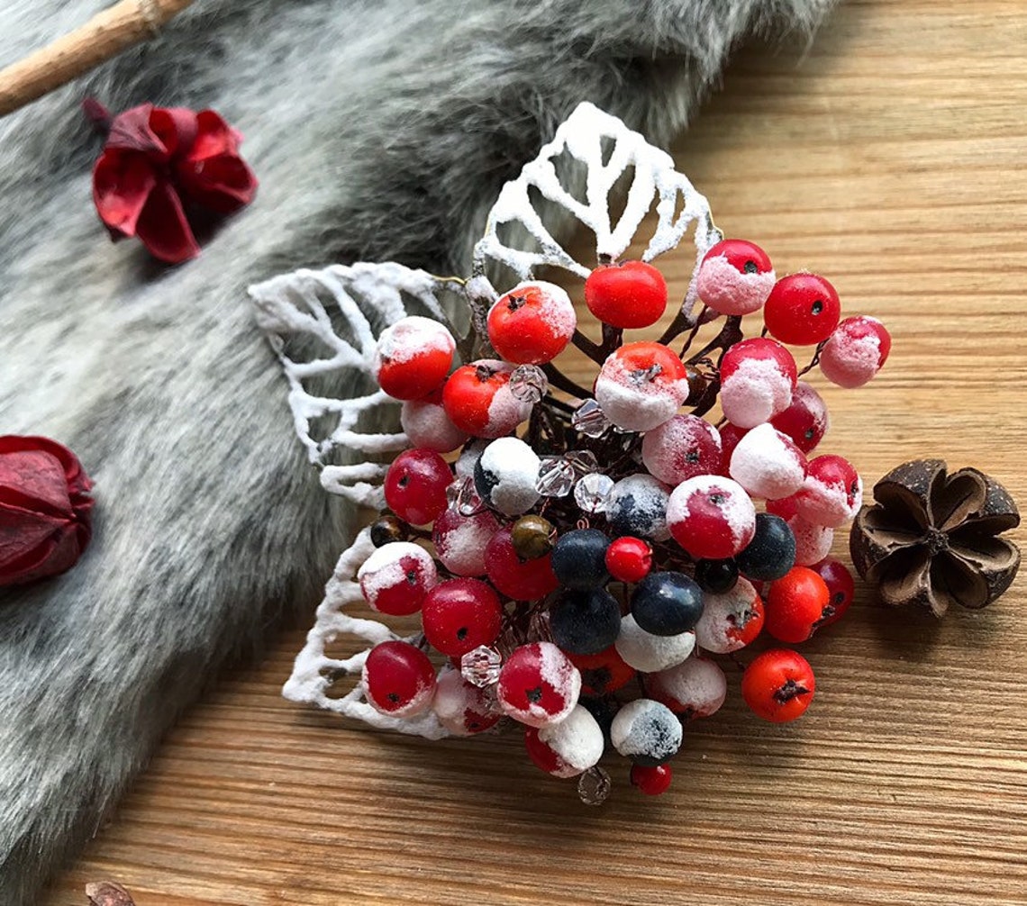 Frozen Snow covered Berry Brooch Frosted Rowan viburnum brooch | Etsy