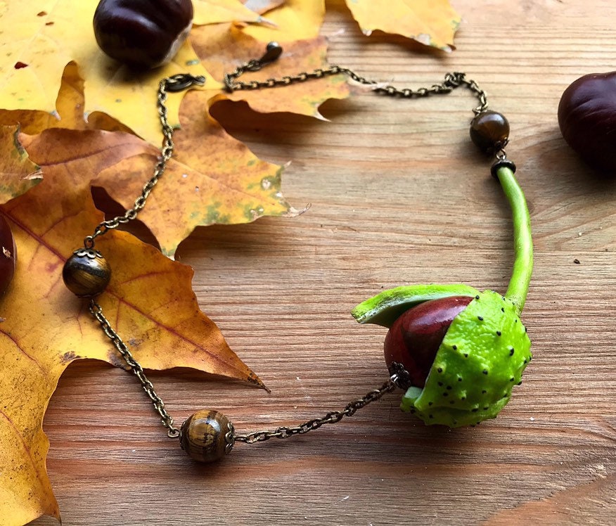 Conkers Chestnut Necklace Tiny Chain Necklace With Tiger Eye - Etsy