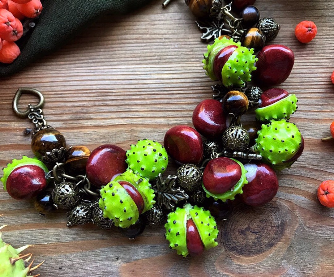 Conker Chestnut Bracelet, Tiger Eye Stone, Botanical Fall Jewelry ...