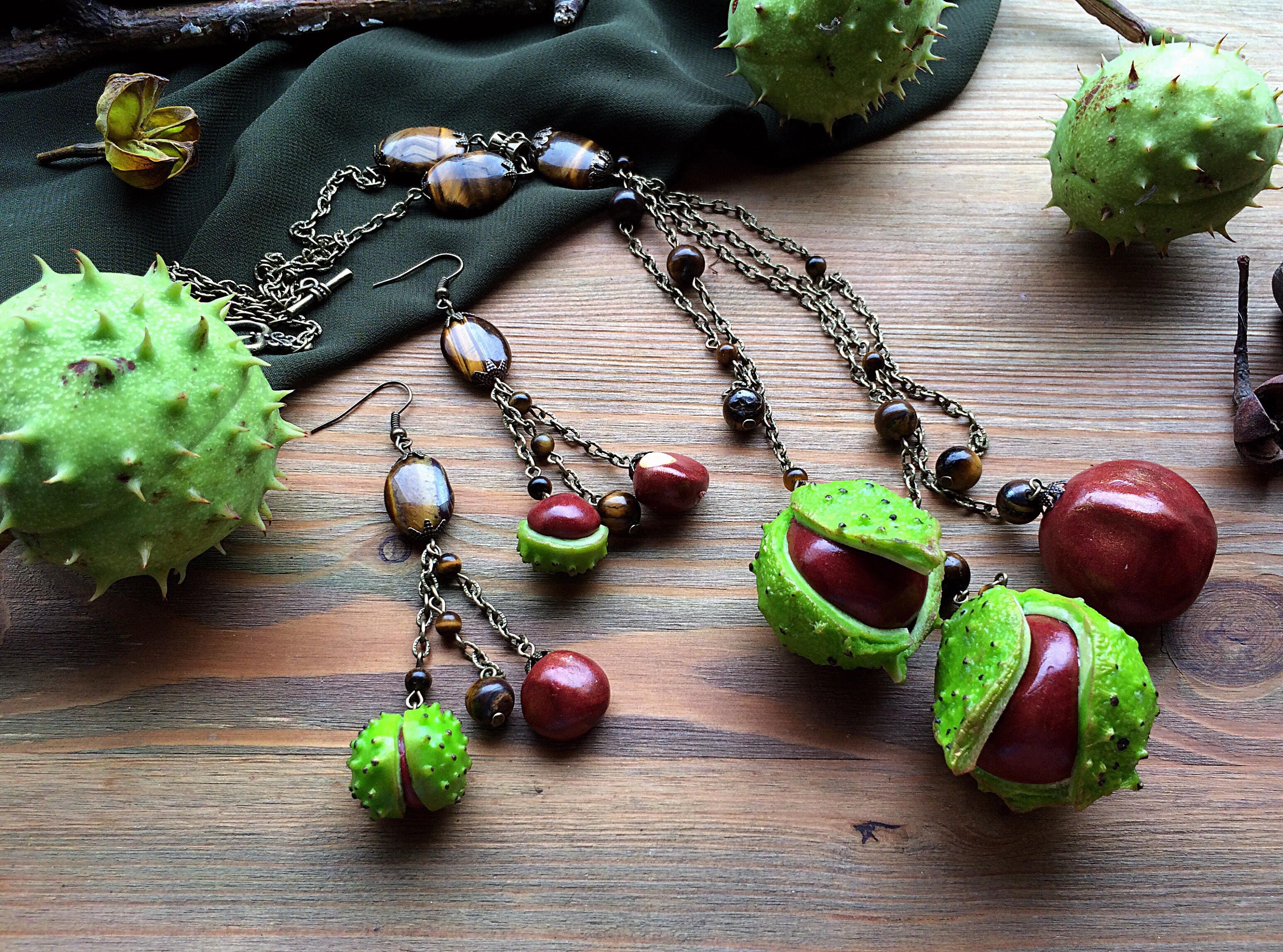Fall Conkers Chestnut necklace & earrings Long tassel necklace | Etsy
