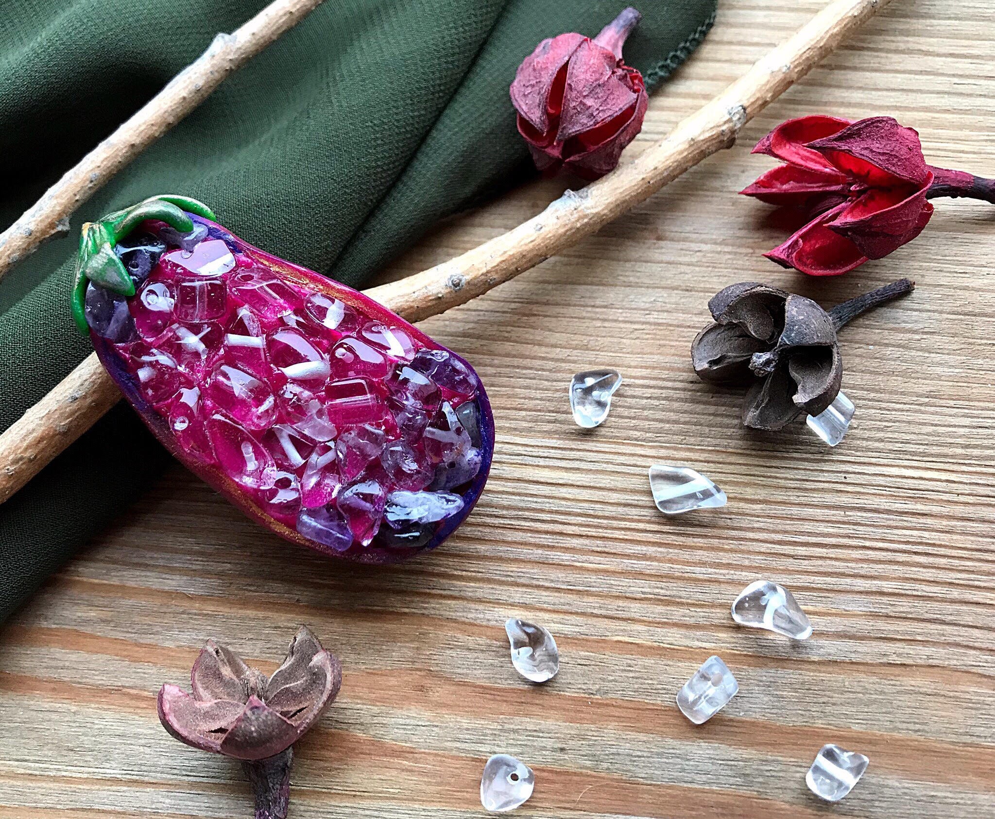 Eggplant Brooch With Rhinestone & Amethyst Art Vegetable - Etsy