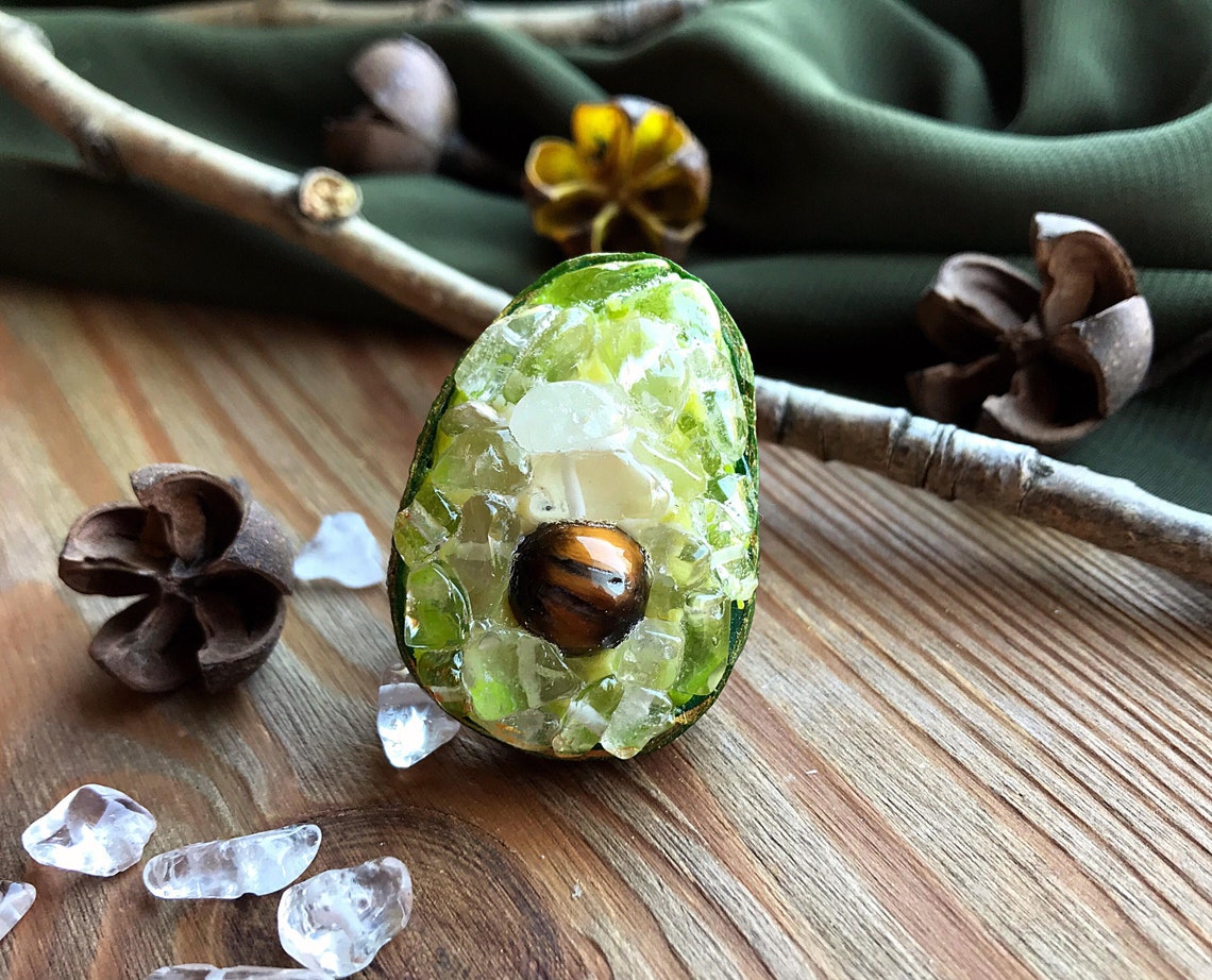 Avocado Ring With Rhinestone & Tiger Eye Crystal Cocktail Ring - Etsy