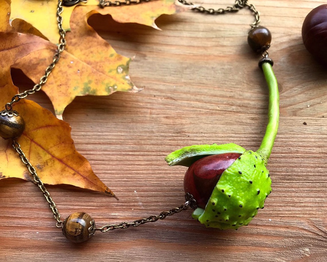 Conkers Chestnut Necklace Tiny Chain Necklace With Tiger Eye - Etsy
