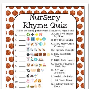 Basketball Theme Nursery Rhyme Quiz, Baby Shower Game, Sport Theme Baby ...