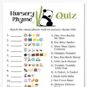 Emoji Nursery Rhyme Quiz ~ Panda Bear Baby Shower Game ~ Gender Neutral ...