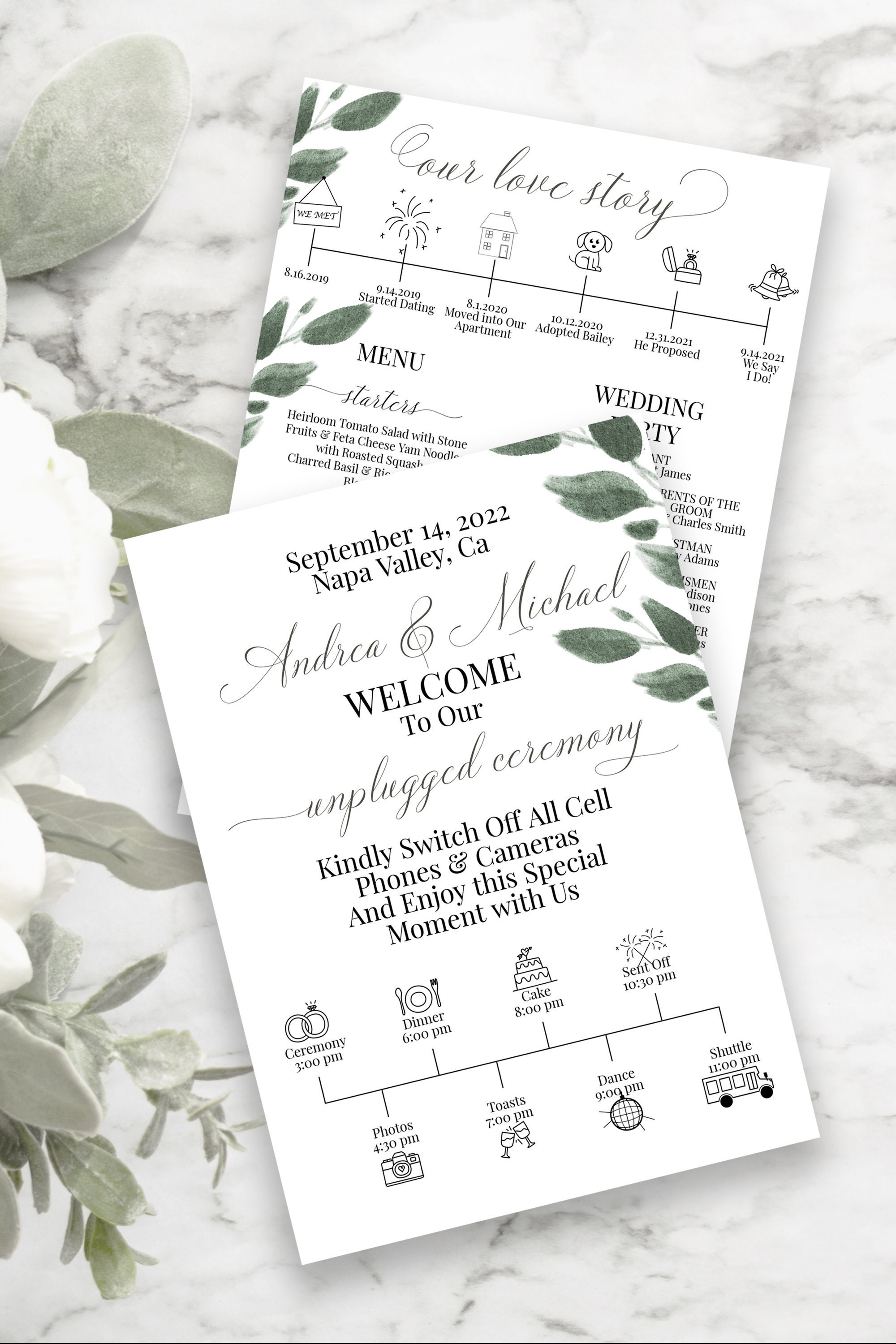 Wedding Program Timeline Menu Our Story Printable Greenery | Etsy