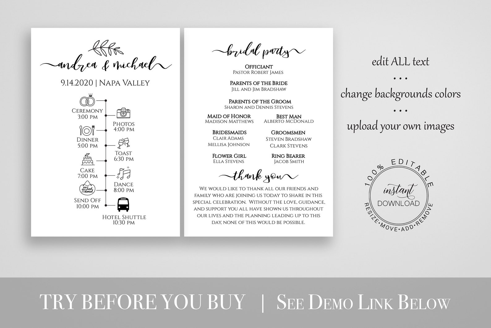 Wedding Fan Timeline and Program, Wedding Day Event Template ...