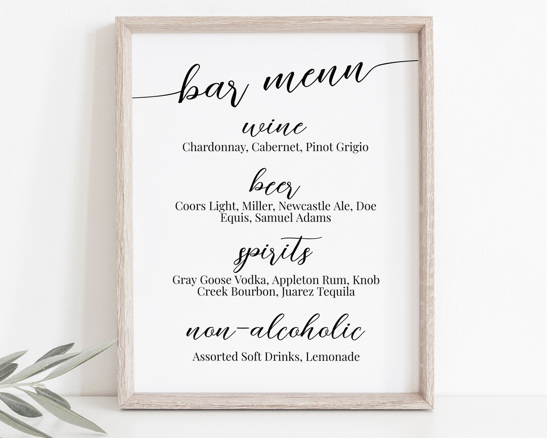 Wedding Bar Menu, Event Drink List, Menu Sign, Elegant Calligraphy ...