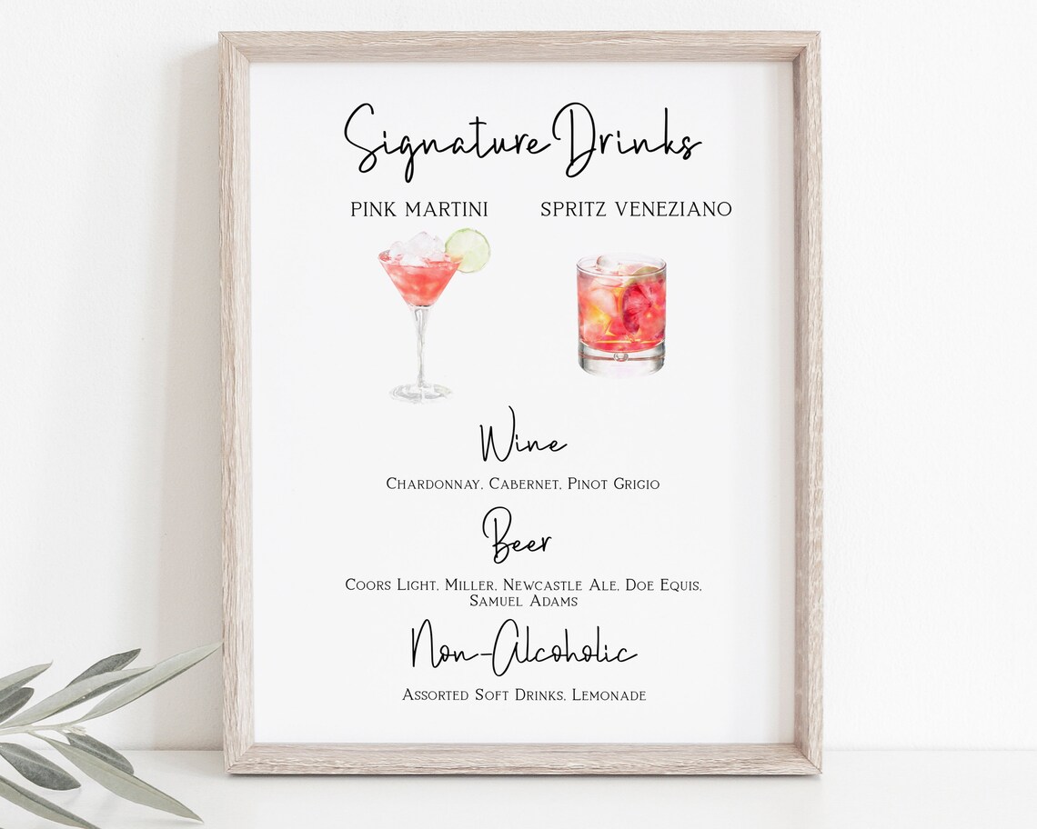 Watercolor Cocktail Sign Signature Drinks Drink List - Etsy