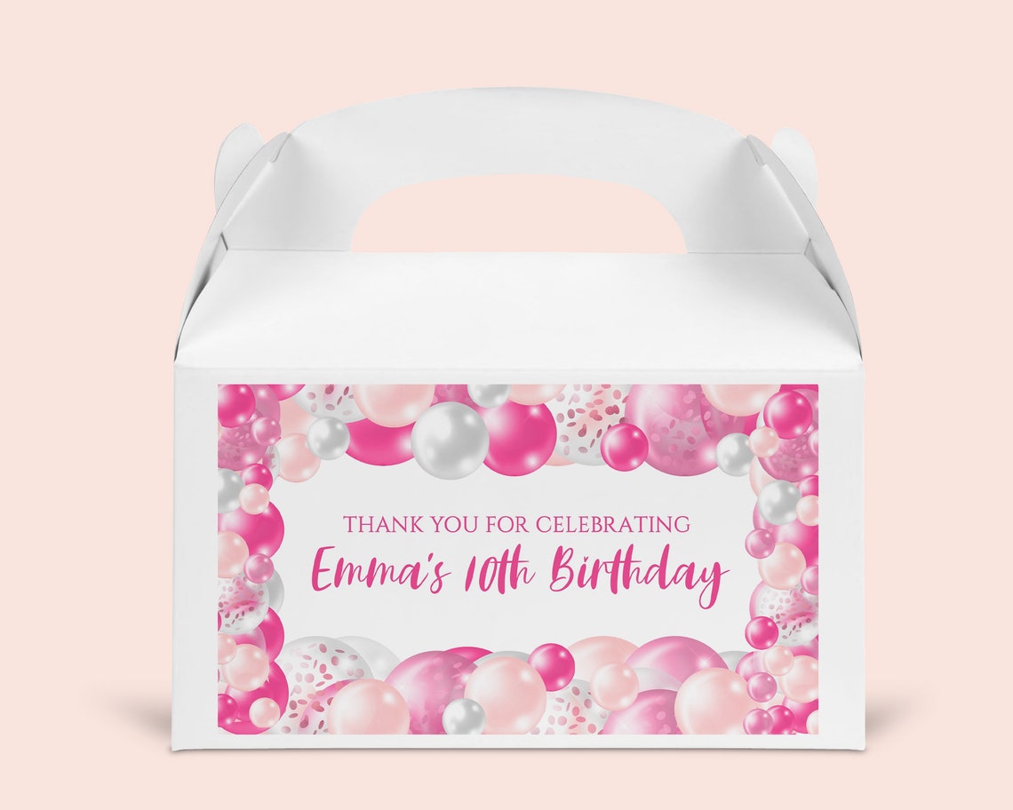 Favor Box Label Template Pink Balloon Birthday Party - Etsy