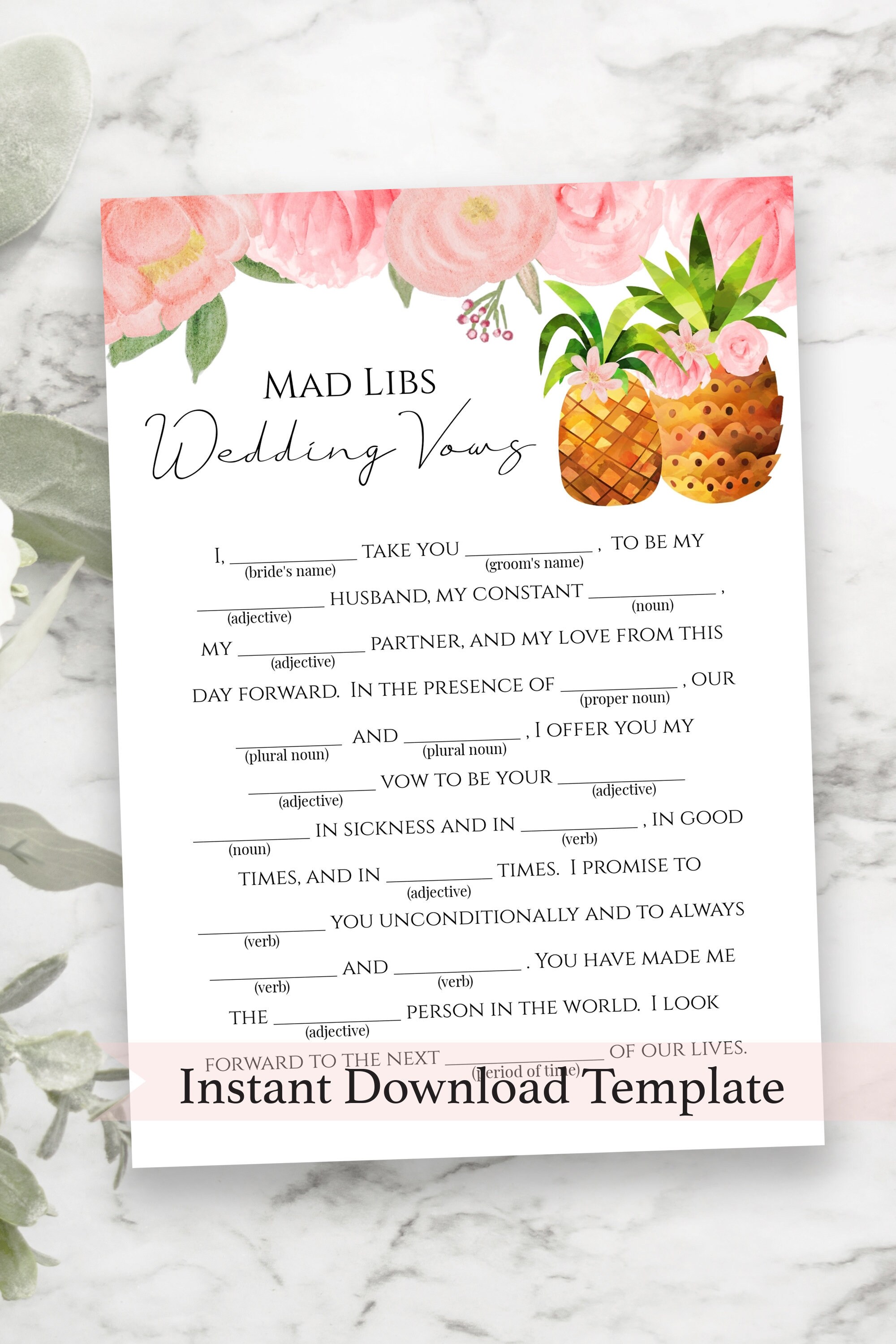 Pineapple Mad Libs Wedding Vows Game Template Bridal Shower | Etsy