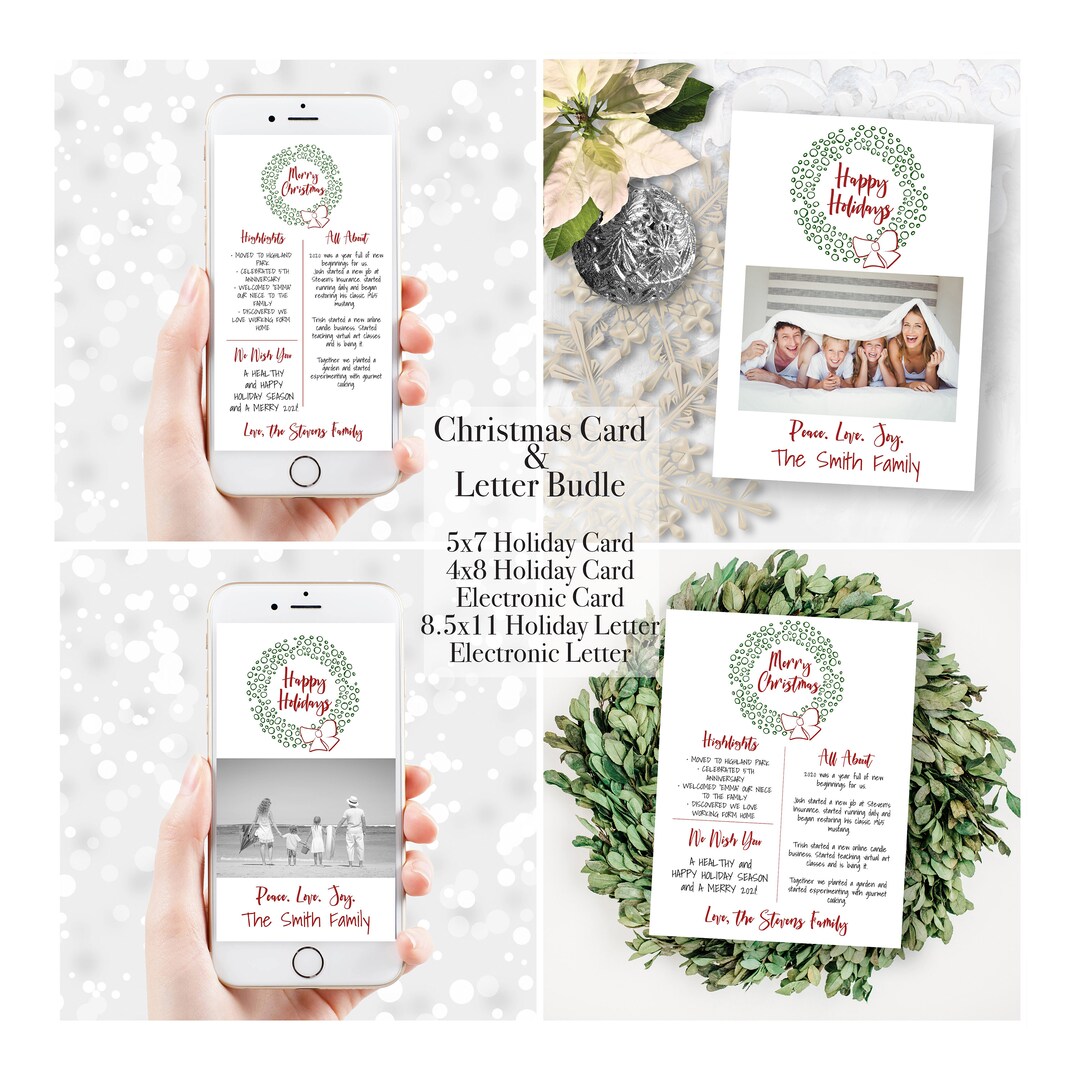 Christmas Card and Letter Bundle, Happy Holidays Text Message, Green ...
