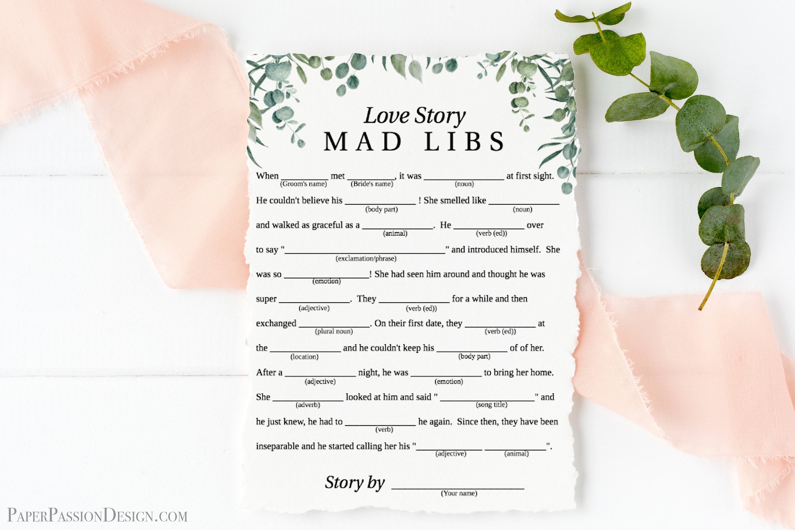 Greenery Wedding Love Story Mad Libs Game Template Bridal | Etsy
