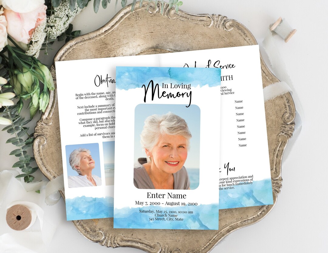 Memorial Program, Blue Water Color Celebration of Life, Funeral Order ...