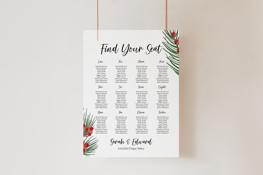 Seating Chart Template, Christmas Greenery Sign, Winter Berries Seating ...