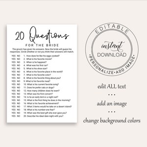 20 Questions for the Bride, Minimalist Bridal Shower Game Template ...