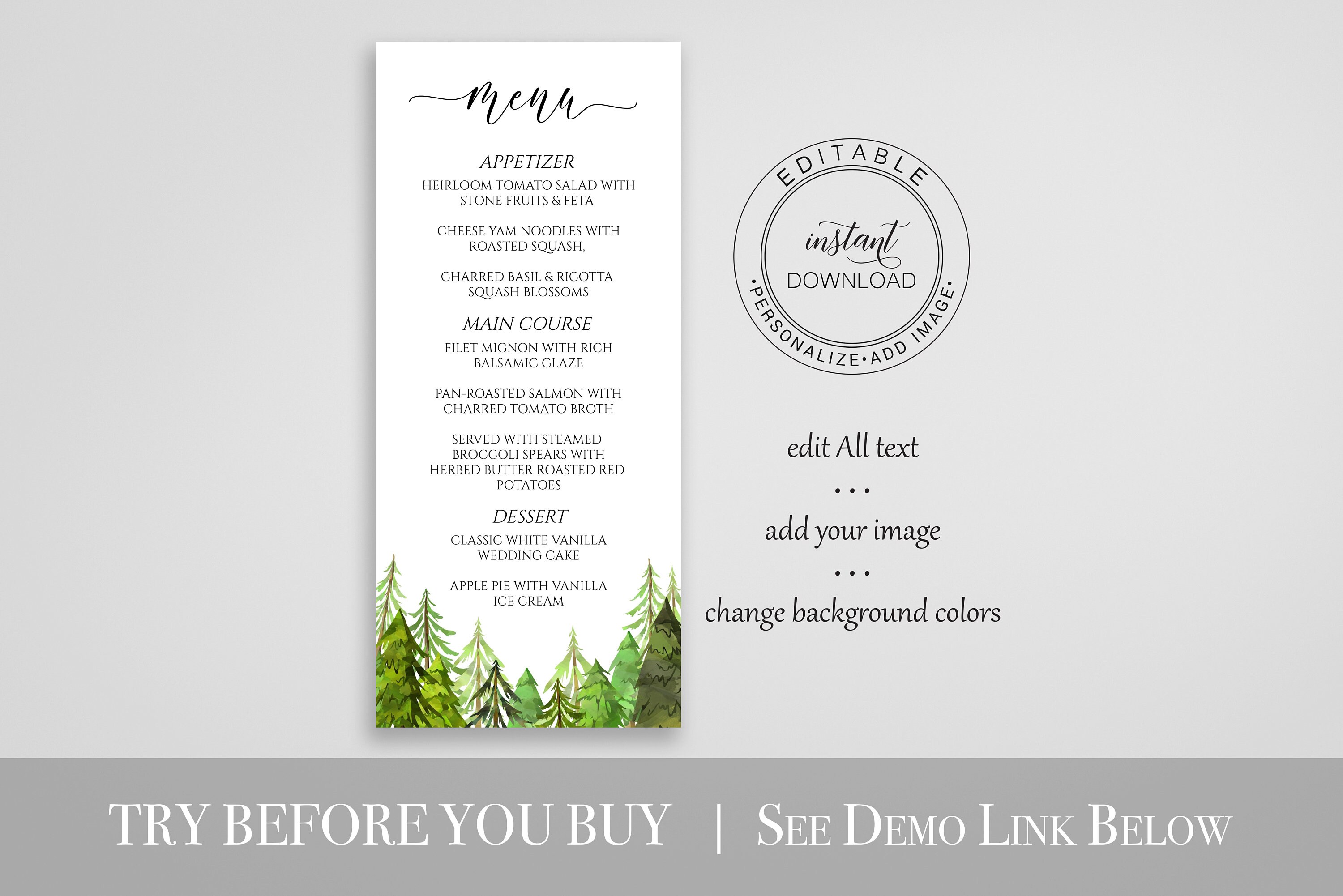 Pine Tree Menu Template Printable Dinner Menu Wedding Menu | Etsy