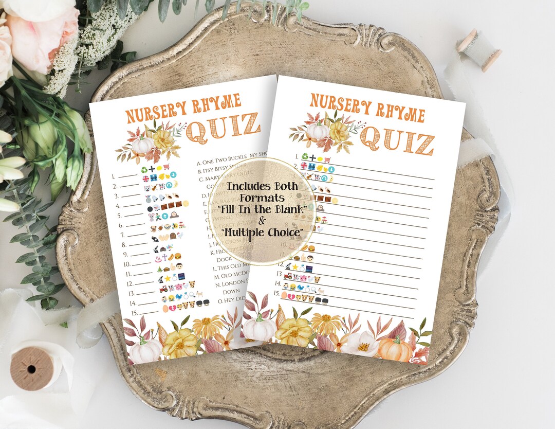 Harvest Pumpkin Emoji Nursery Rhymes Quiz ~ Fall Baby Shower ~ Gender ...