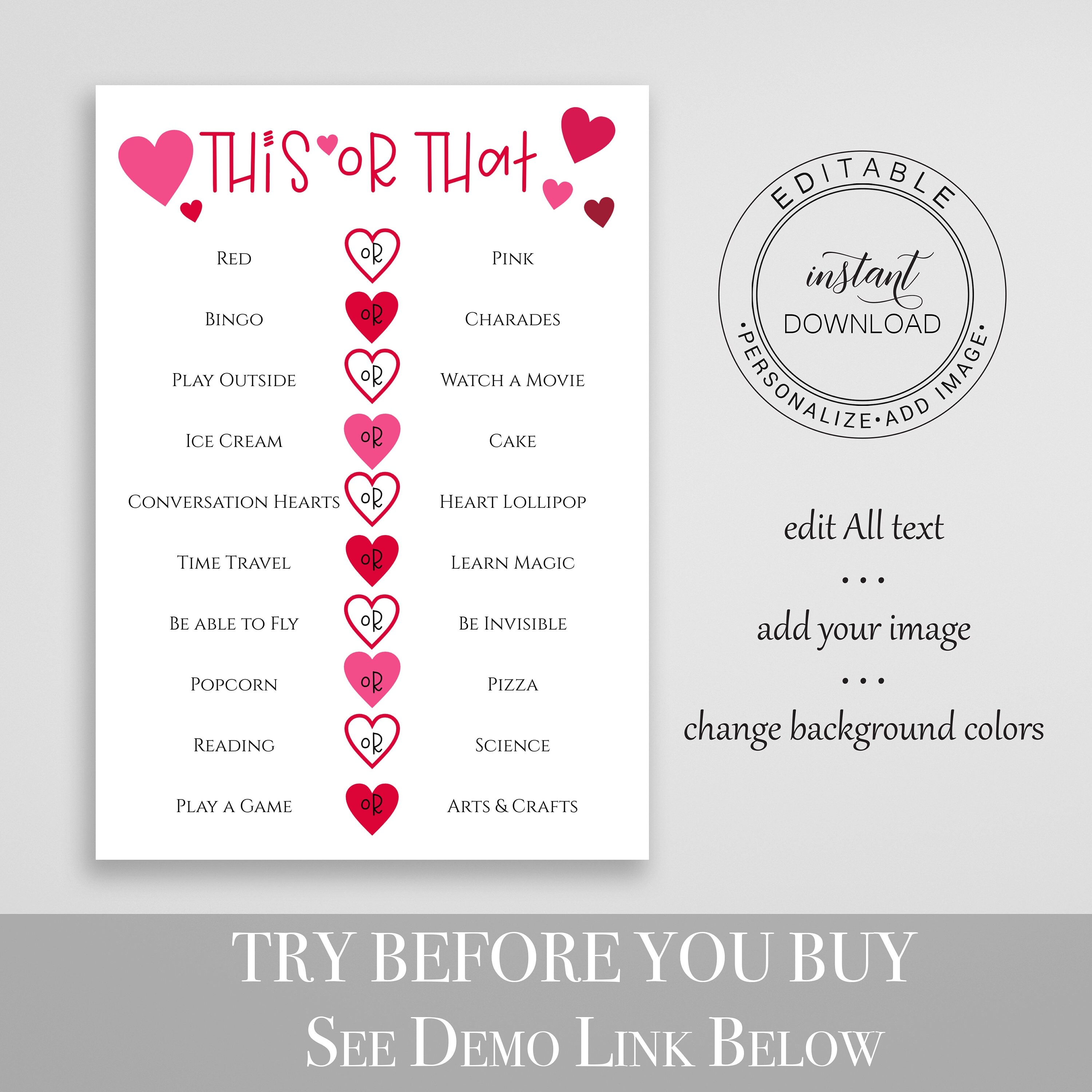 This or That Valentine's Day Party Game Classroom School - Etsy