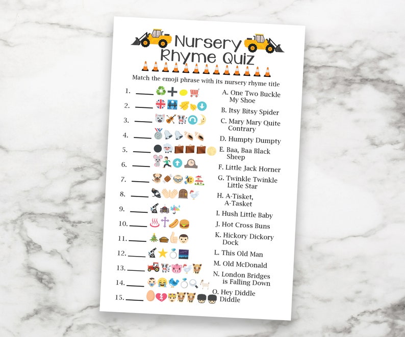 Emoji Nursery Rhyme Quiz Construction Theme Shower Baby - Etsy