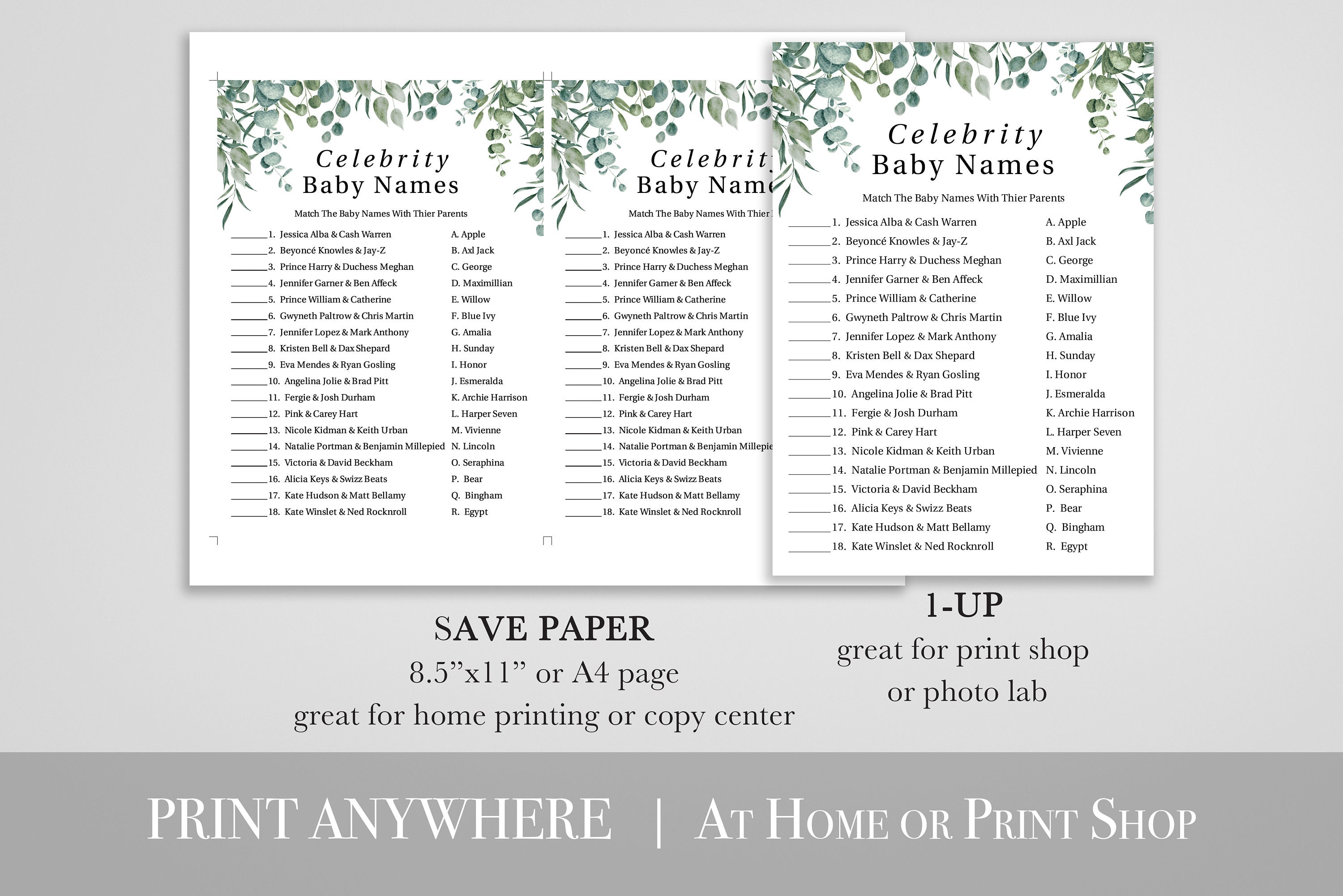 Greenery Celebrity Baby Names Game Template Baby Shower | Etsy