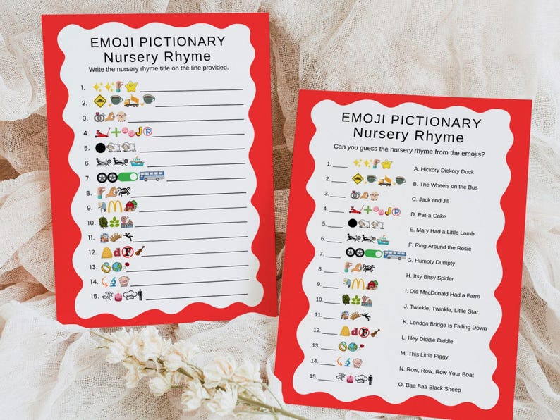 Red Emoji Nursery Rhyme Pictionary Game: Baby Shower Activity (instant ...