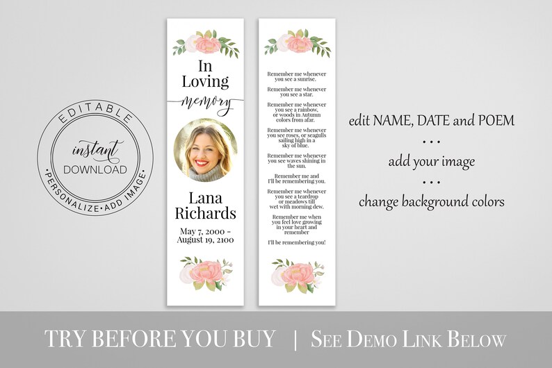 Memorial Bookmark Celebration of Life in Loving Memory - Etsy