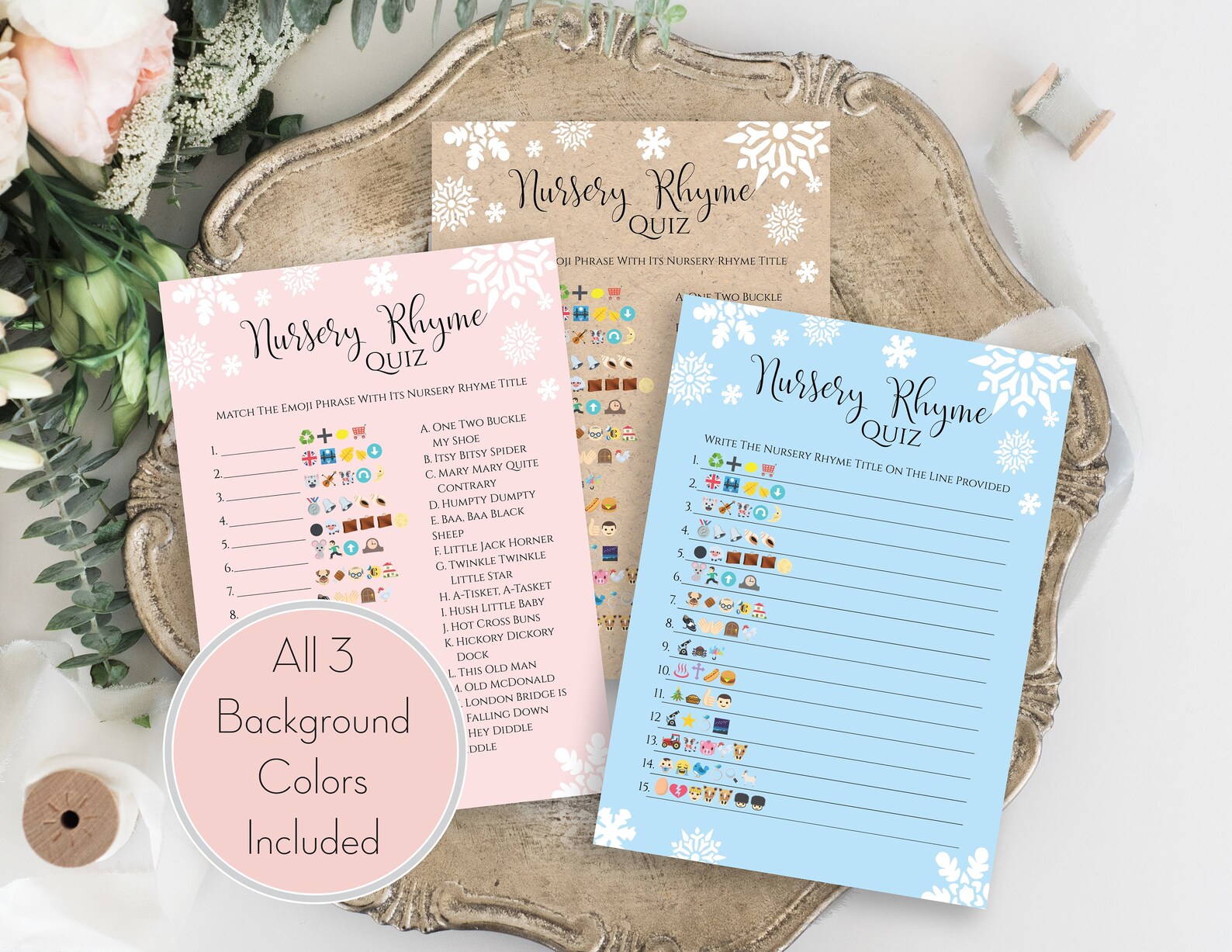Nursery Rhyme Quiz Winter Snowflake Pink Blue Kraft Baby - Etsy