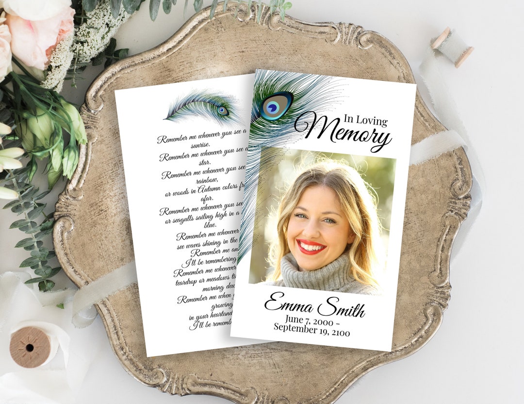 Peacock Feather Memorial Prayer Card, Celebration of Life, Funeral Card ...
