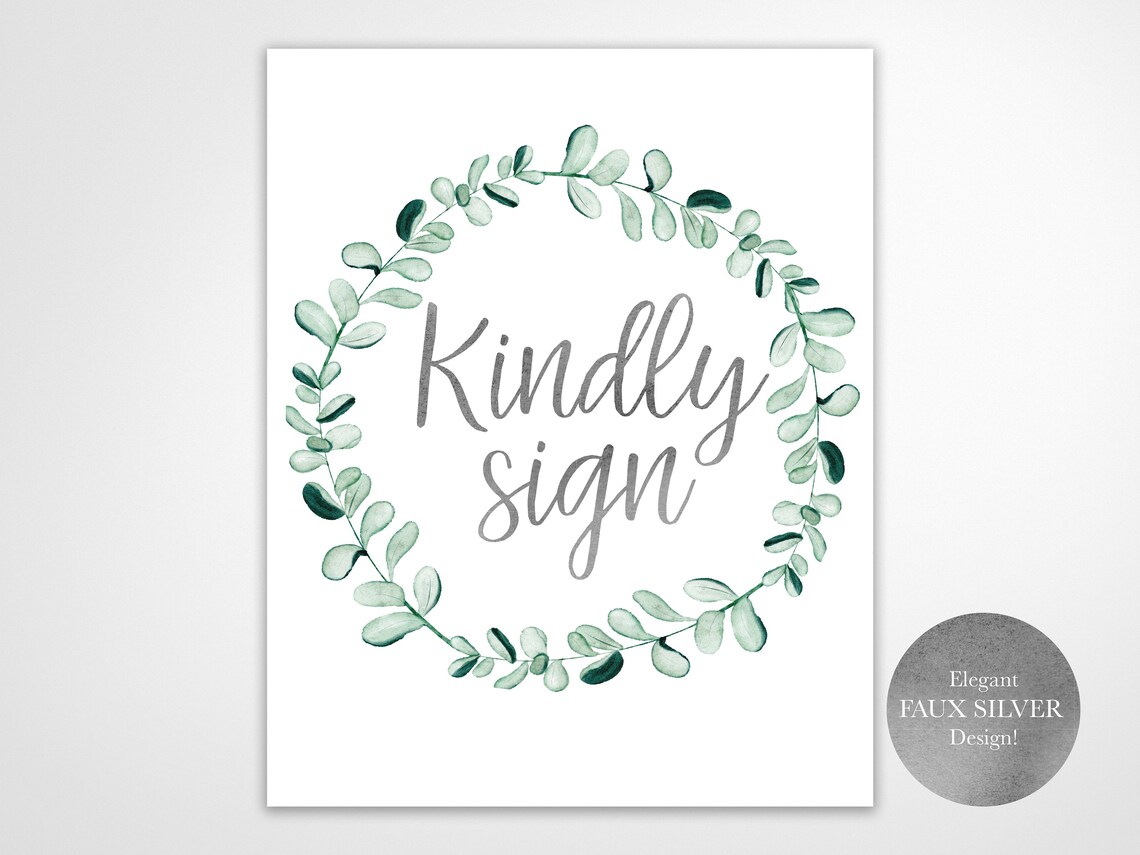 Silver Greenery Kindly Sign Printable Bridal Shower Template - Etsy