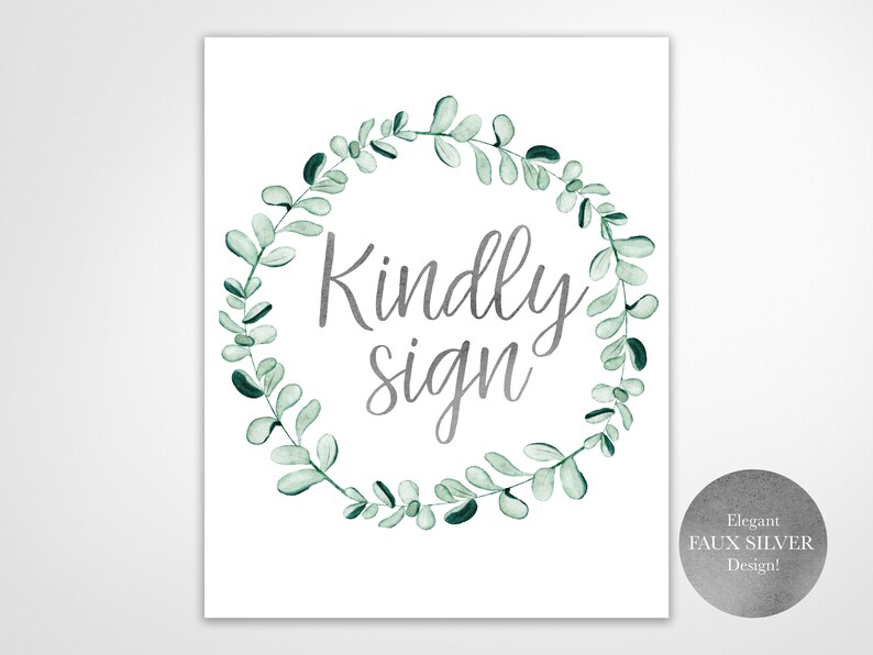 Silver Greenery Kindly Sign Printable Bridal Shower Template | Etsy