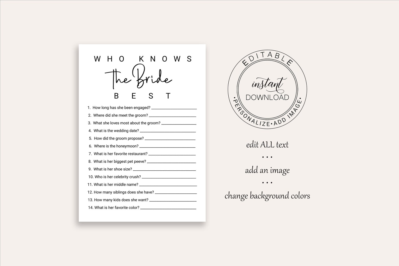 Bridal Shower Who Knows the Bride Best Game Template Editable - Etsy