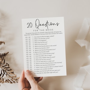 20 Questions for the Bride, Minimalist Bridal Shower Game Template ...