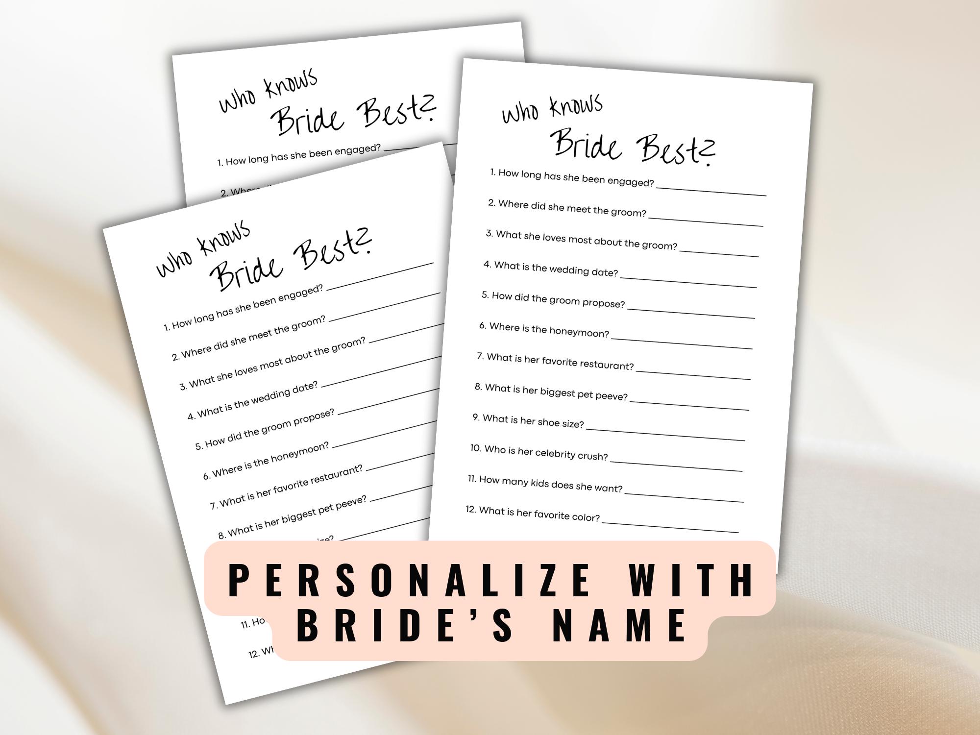 Editable Who Knows Bride Best Bridal Shower Game, Digital Download ...