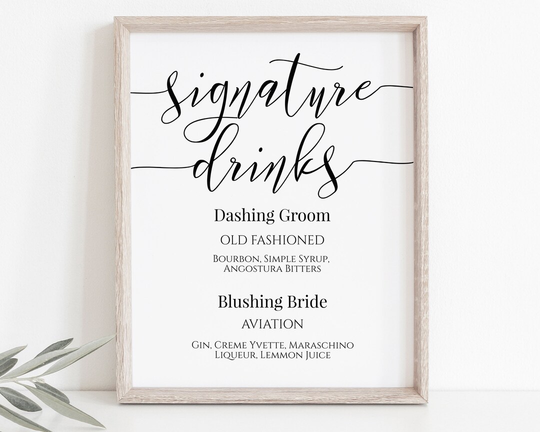 Signature Drinks Sign, Bar Menu, Bride and Groom Cocktail Template ...