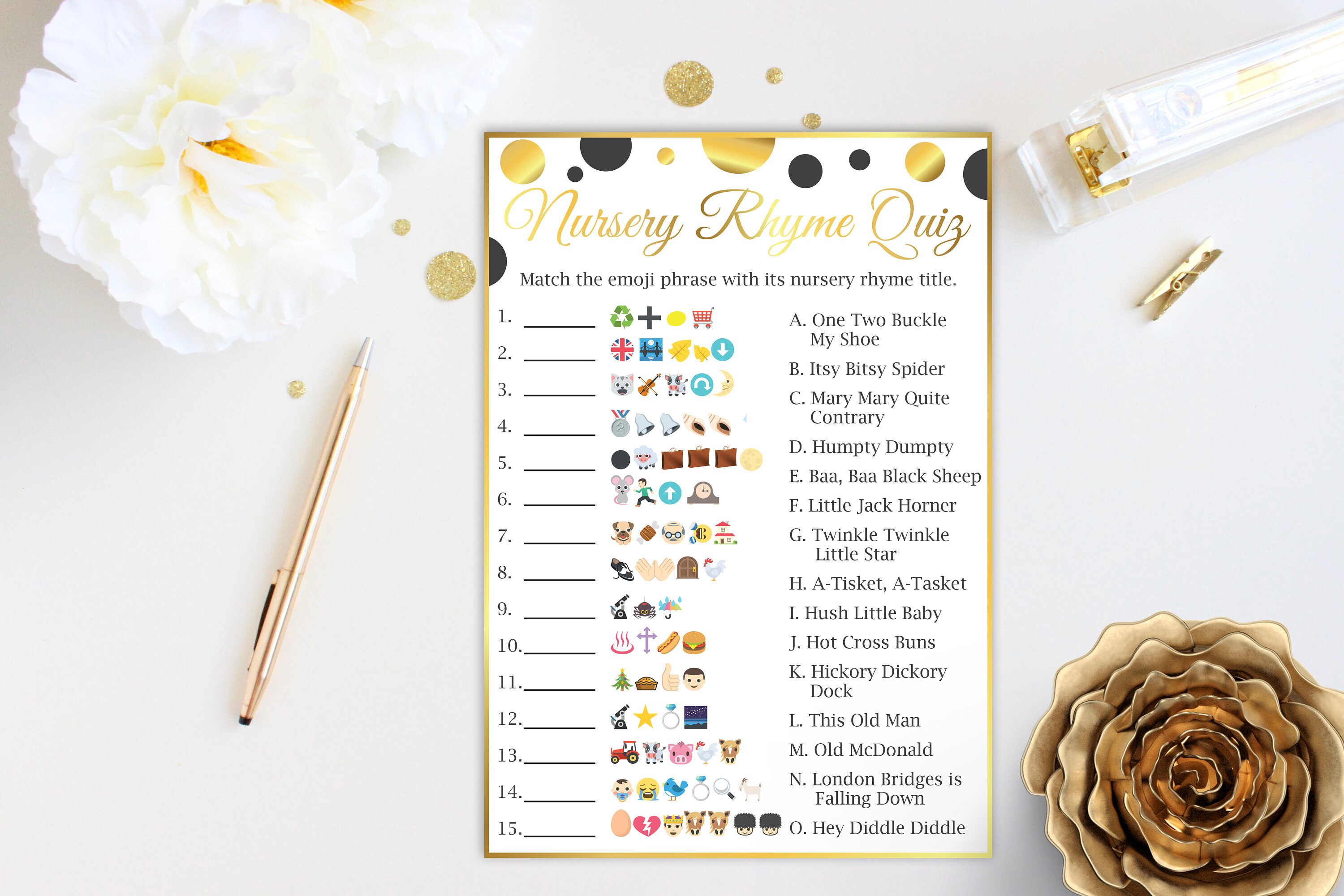 Emoji Nursery Rhyme Quiz Black and Gold Baby Shower Game | Etsy