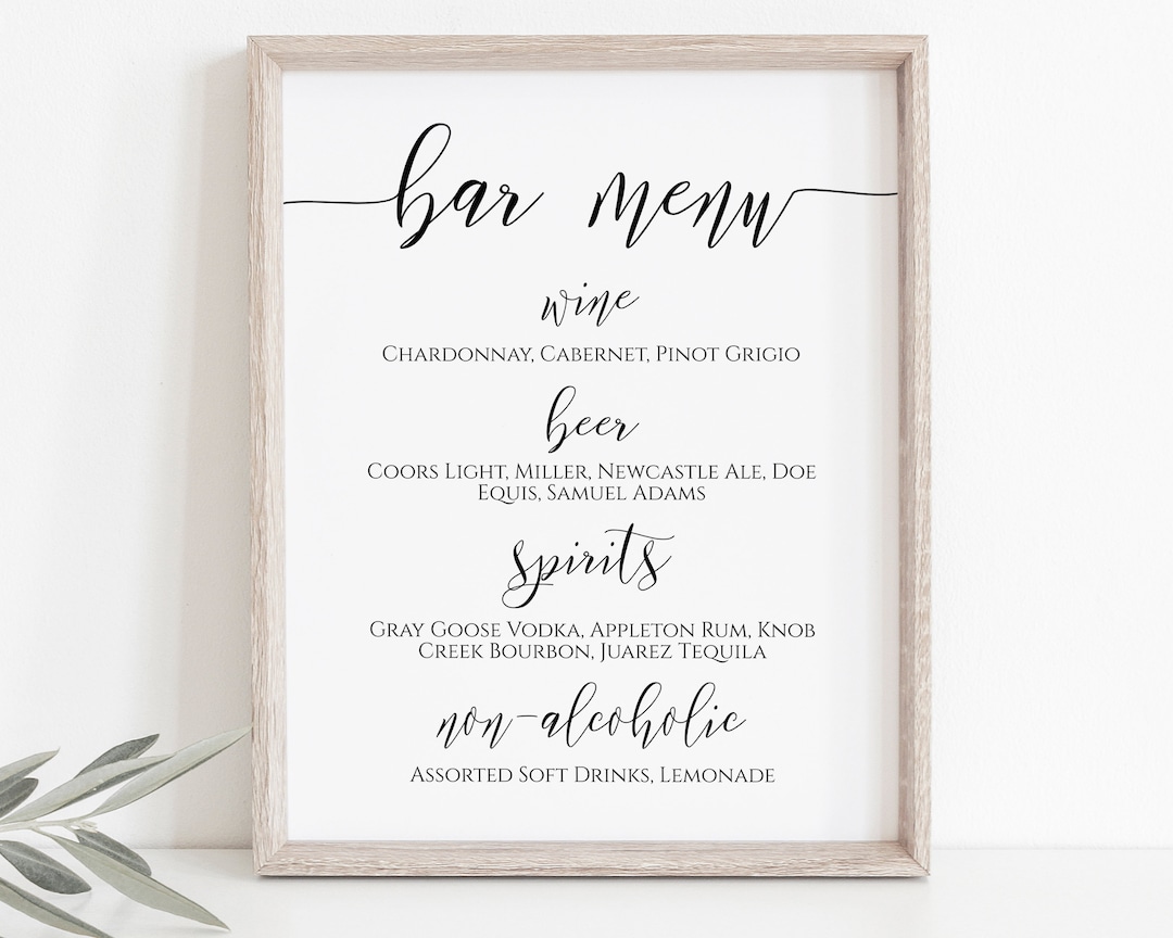 Bar Menu, Wedding Reception Drink Menu, Wedding Printable, Instant ...