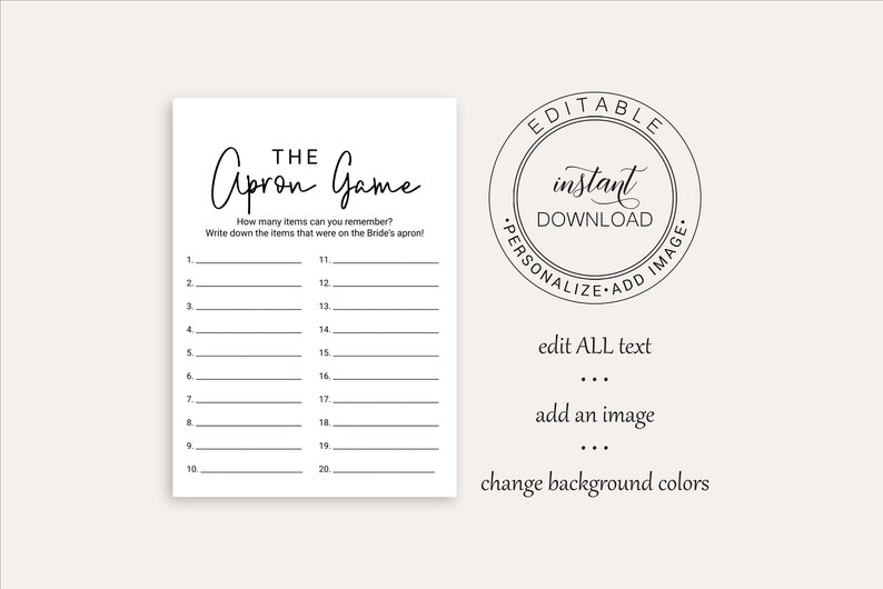 Minimalist Bridal Shower Apron Game Template Editable Modern Etsy