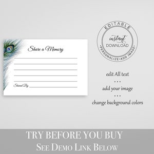 Peacock Feather Memorial Share a Memory Card, Celebration of Life ...