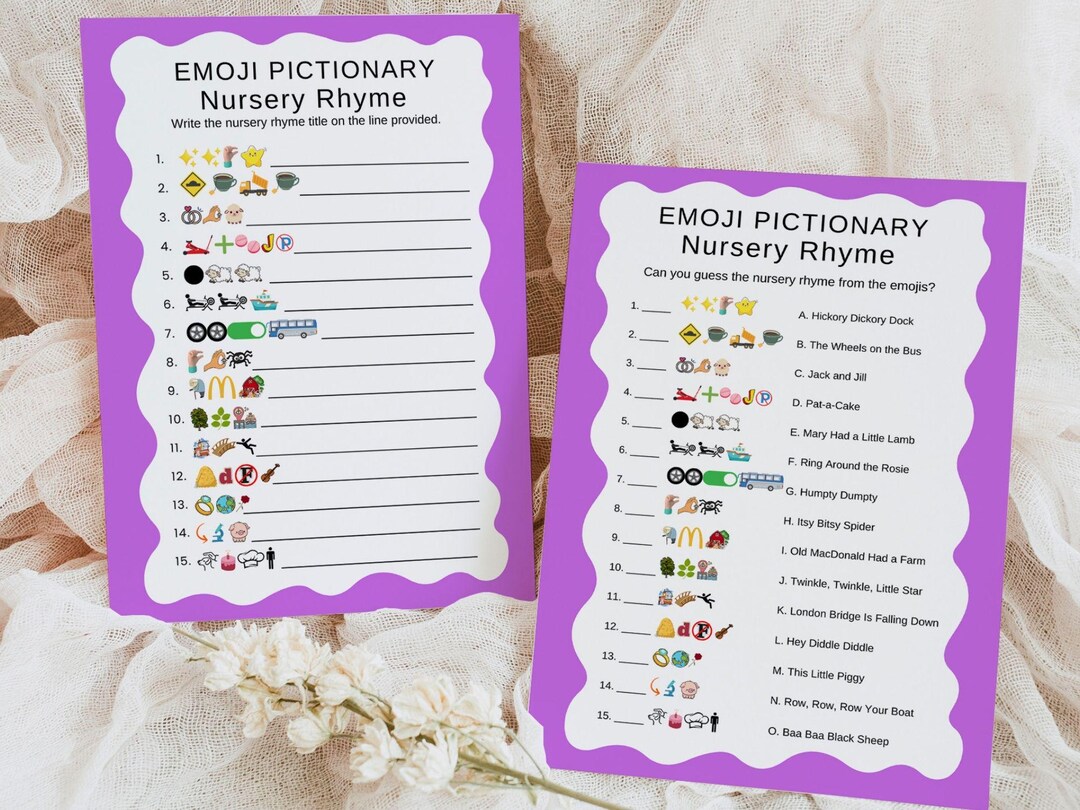 Baby Shower Pictionary Game, Purple Theme Emoji Nursery Rhyme Quize ...