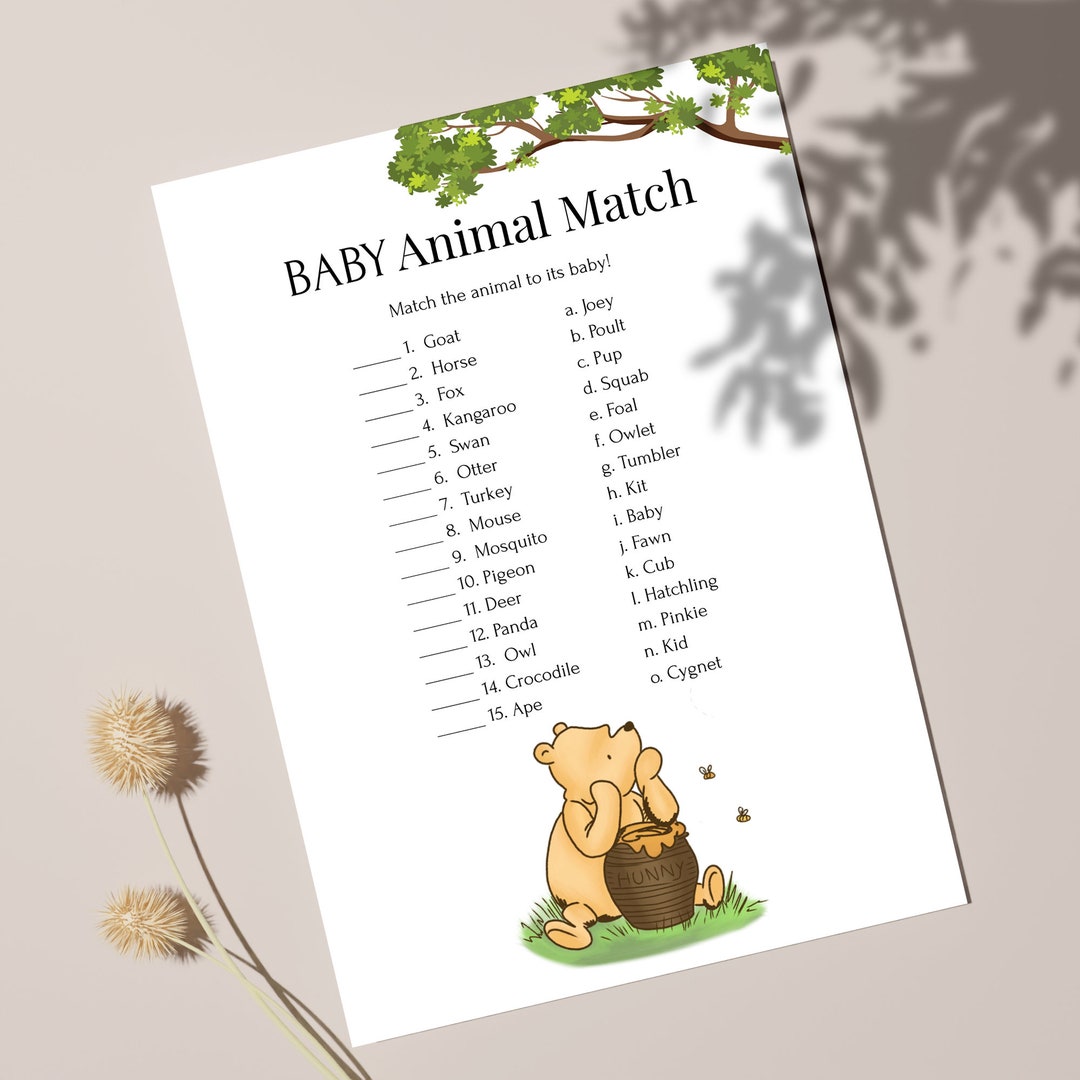 Winnie the Pooh Baby Shower Game, Baby Animal Match, Animal Baby and ...