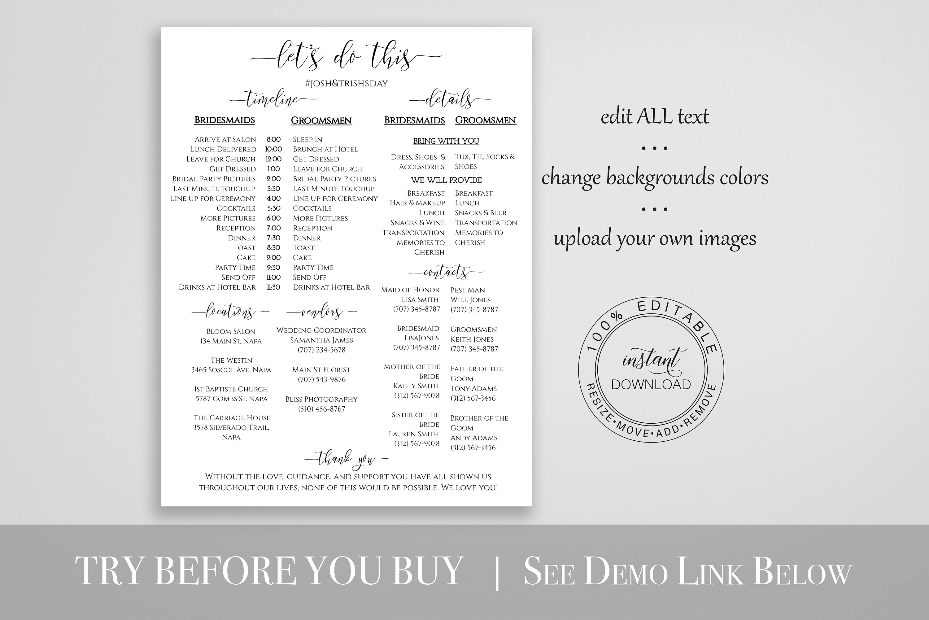 Wedding Party Timeline Printable Wedding Day Schedule - Etsy