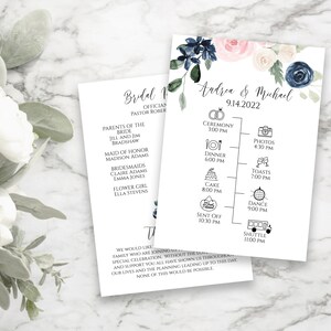 Wedding Day Icon Timeline Program, Pink and Blue Floral Schedule ...