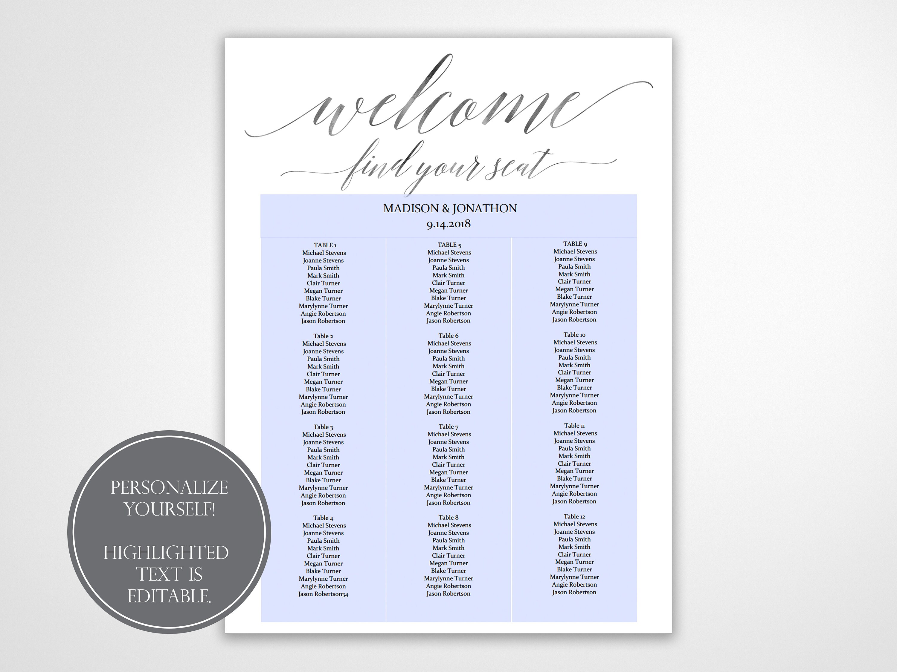 Silver Wedding Seating Chart Seating Chart Printable Seating | Etsy