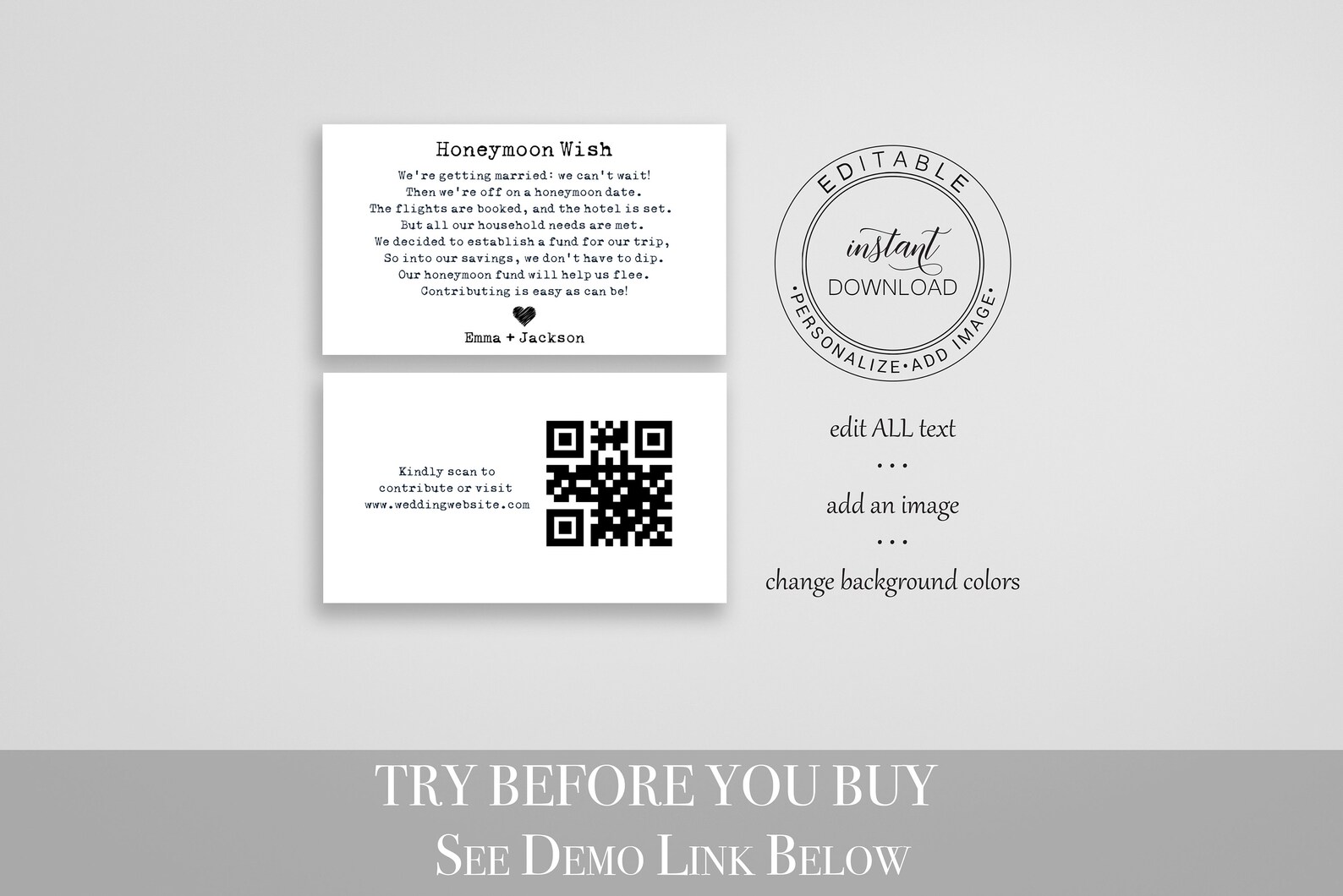 Honeymoon Wish Pome and QR Code Card Template Minimalist - Etsy