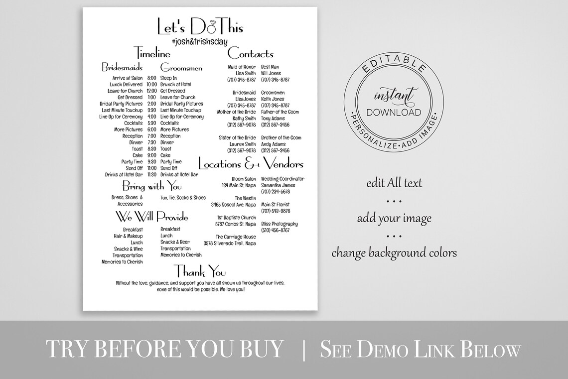 Wedding Party Timeline Diamond Ring Design Printable Wedding - Etsy
